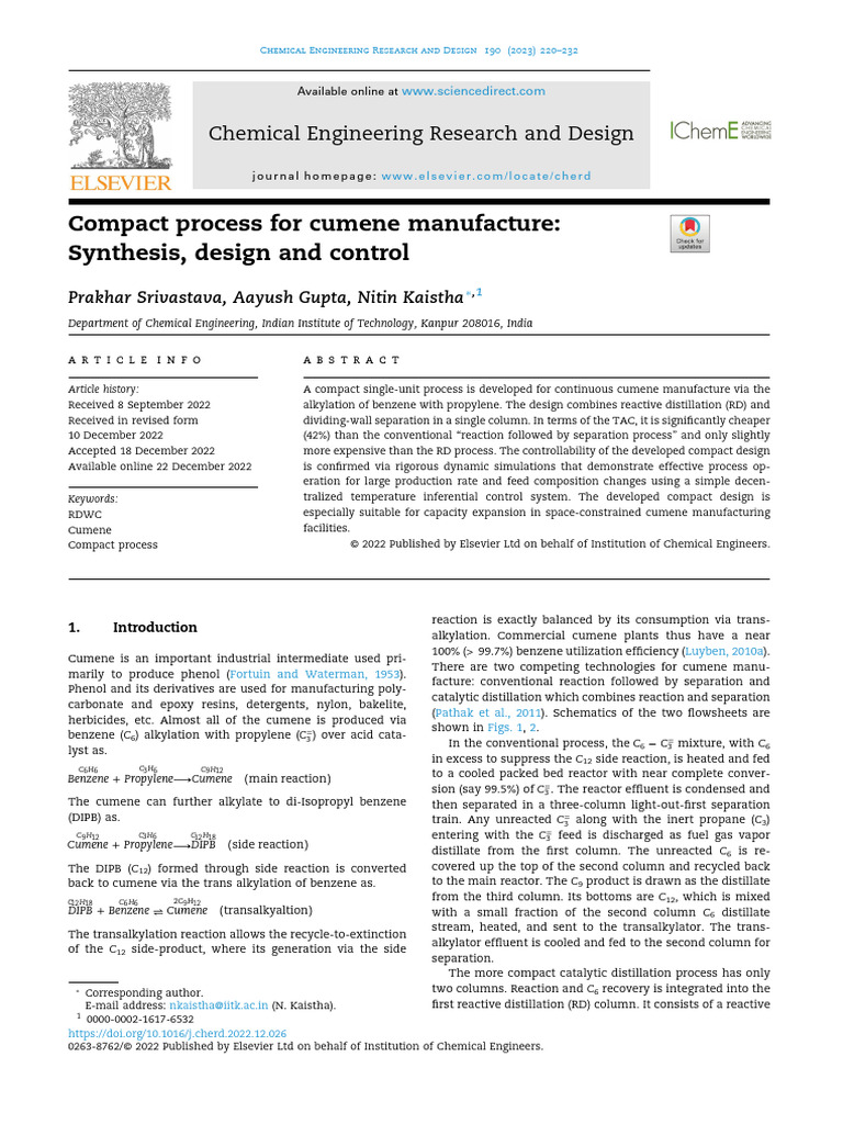 Compact Process For Cumene Manufacture | PDF | Distillation | Chemistry