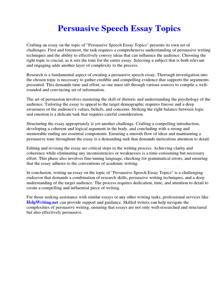Persuasive Speech Essay Topics Guide | PDF | Persuasion | Essays