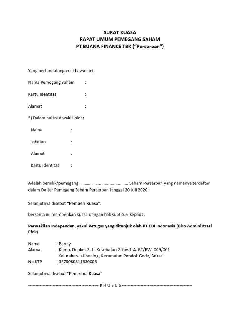 Surat Kuasa Menghadiri RUPS | PDF | Hukum