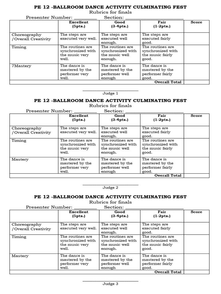 PE 12 Ballroom Dance Fest Rubrics | PDF | Dances | Performing Arts