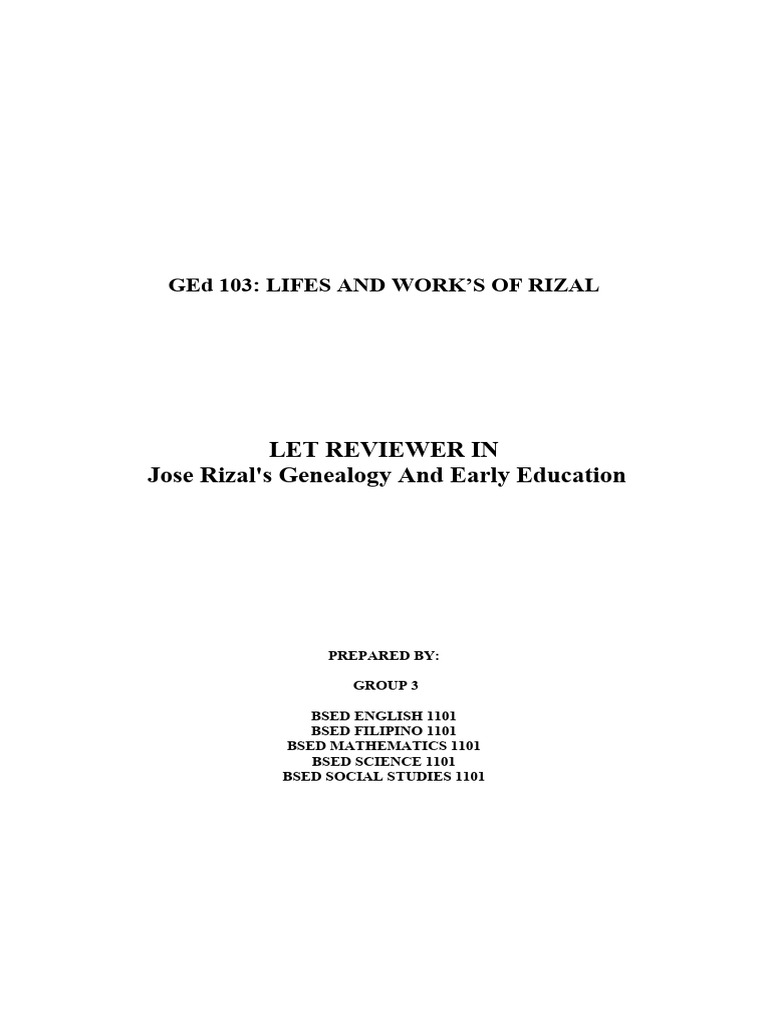 Let Reviewer Question Ged 103 Life and Works of Rizal Group 2 | PDF ...