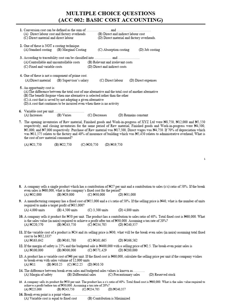 Cost Accounting MCQs and Answers | PDF | Economies | Trade