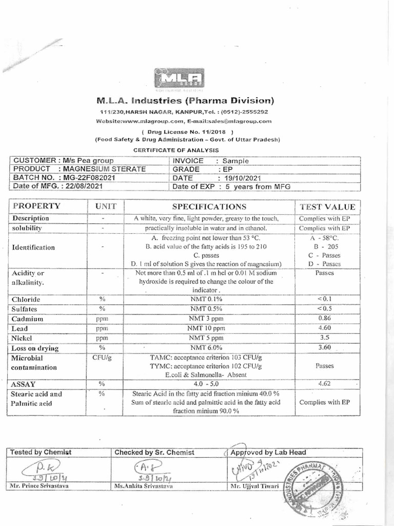 Magnesium Stearate (MLA) COA | PDF