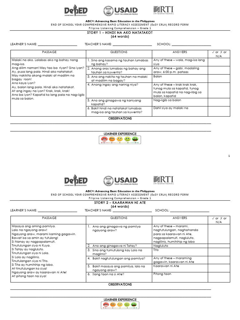 End of School Year Comprehensive Rapid Literacy Assessment (Eosy Crla ...