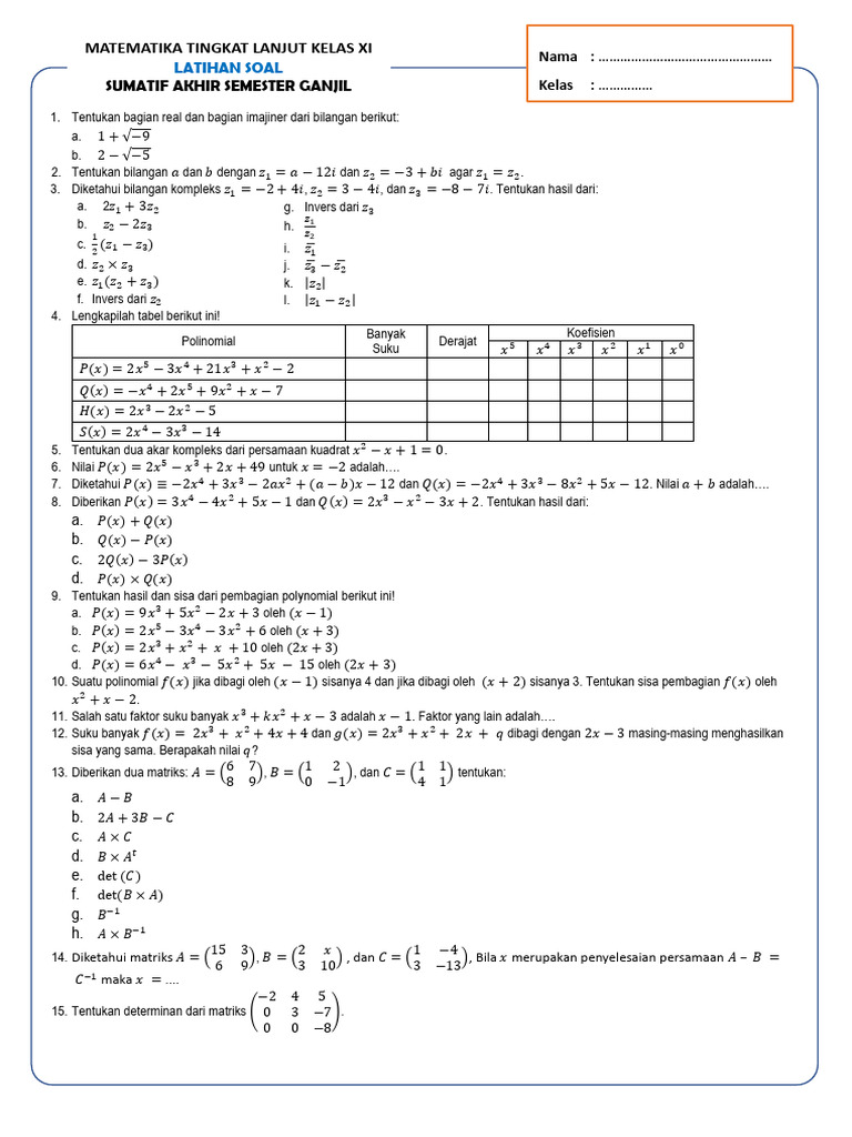 Matematika TL - XI - Soal Latihan ASAS Ganjil | PDF