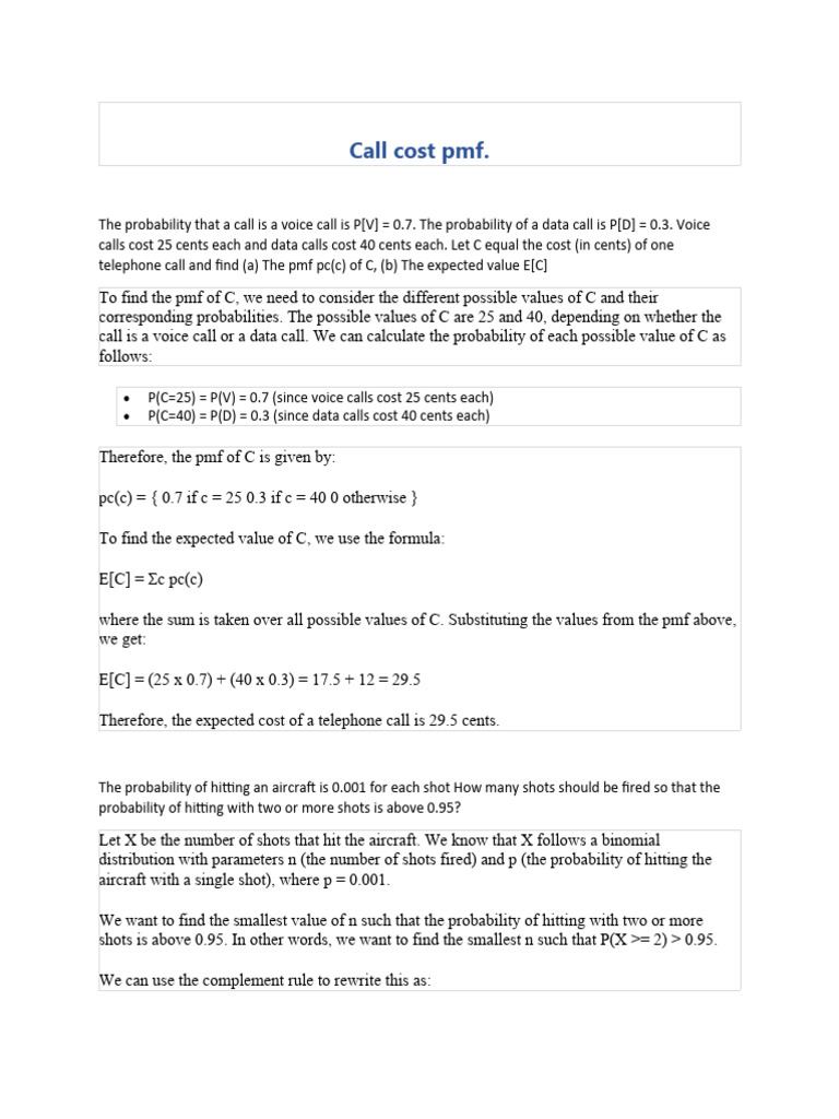 Call Cost PMF | Download Free PDF | Expected Value | Statistics