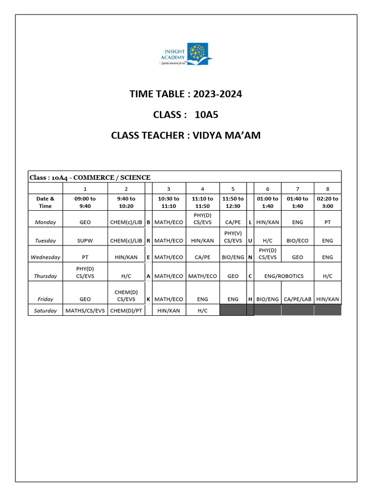 10A5 Class Timetable 2023-2024 | PDF