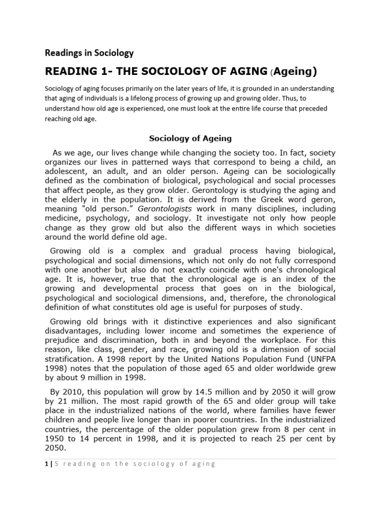 Readings in Sociology 1 SOCIOLOGY OF AGING 1 | PDF | Gerontology ...