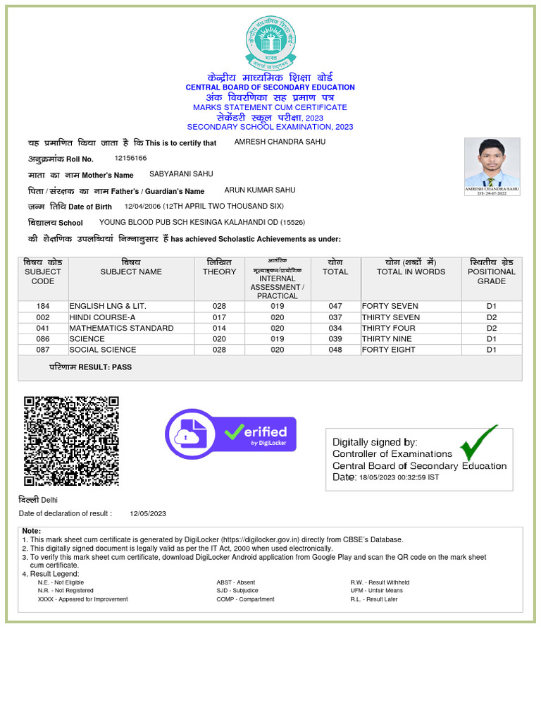 Amresh Class X Marksheet Pdf