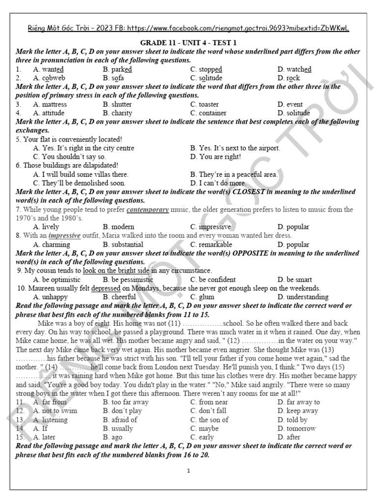 Đề Kiểm Tra Friends Global GRADE 11 - UNIT 4 - TEST 1 - ĐỀ | PDF ...