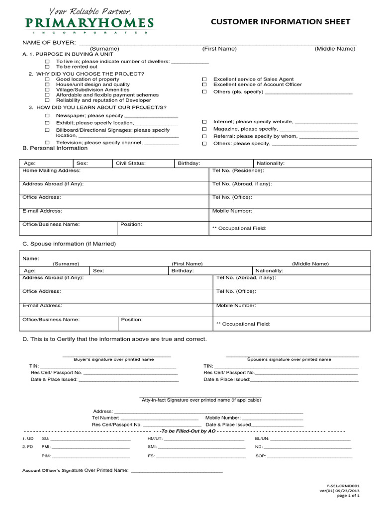 Customer Information Sheet Template | PDF | Business | Service Industries