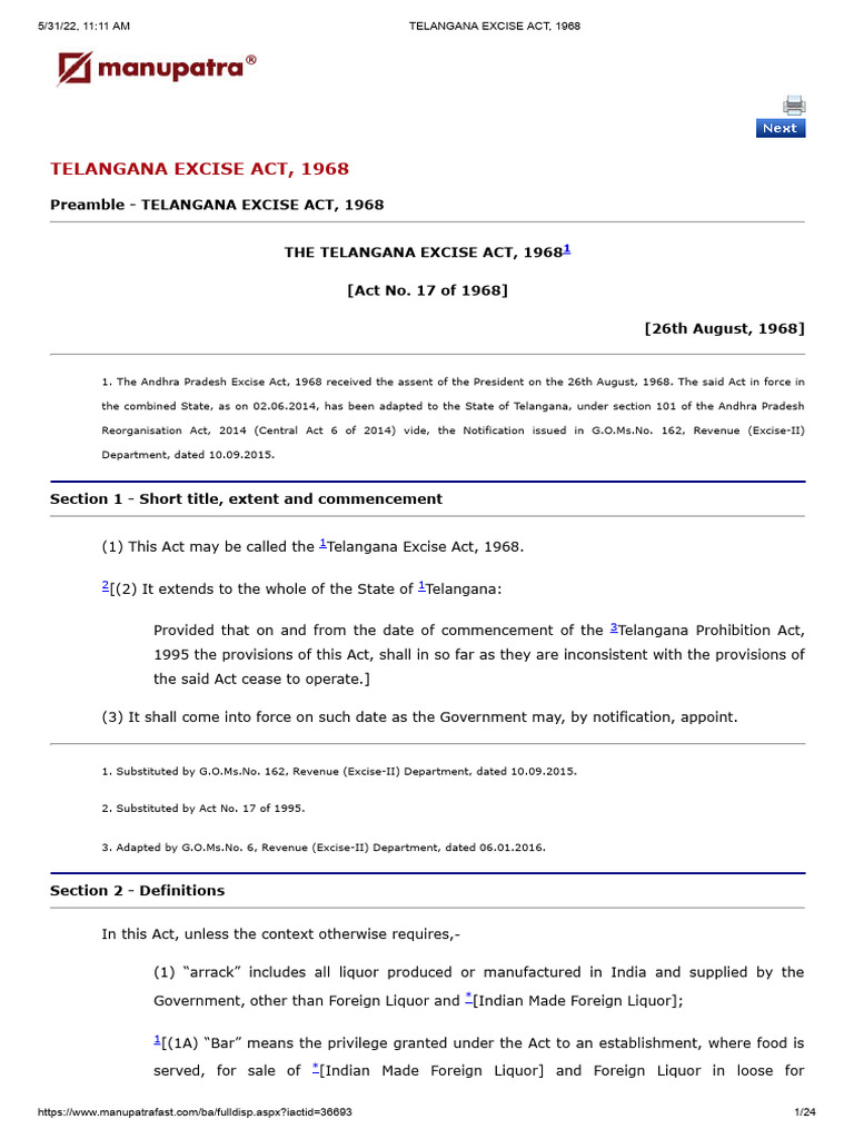 Telangana Excise Act, 1968 | PDF | License | Excise