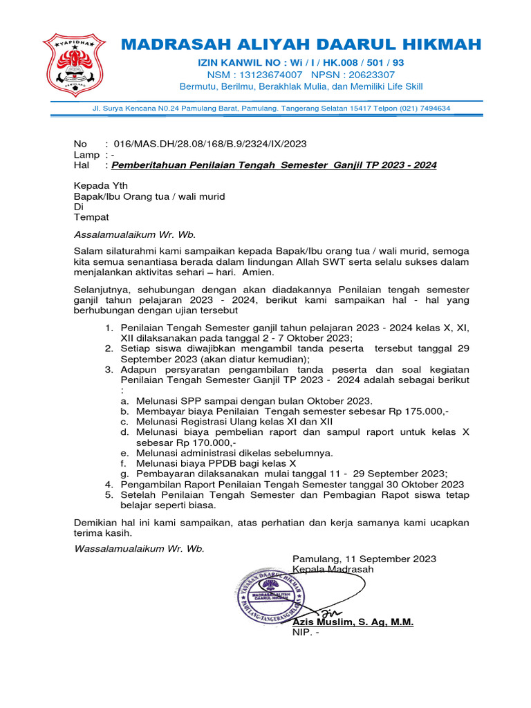 Surat Edaran PTS Ganjil | PDF