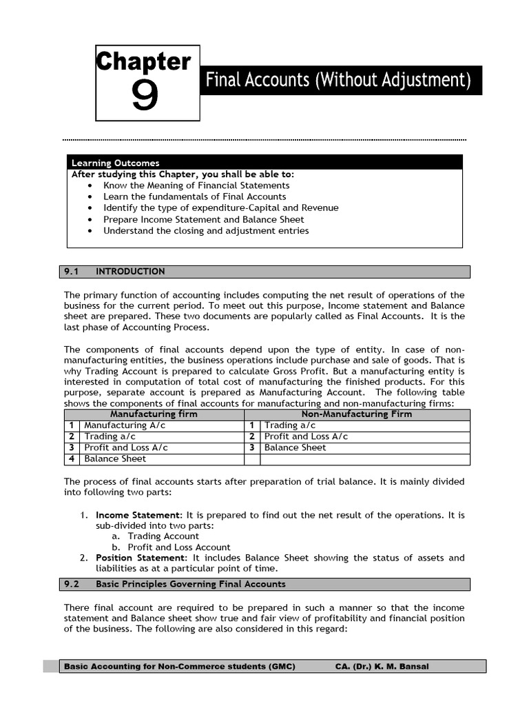 MBA Chp-9 - Chapter 10 Final Accounts Without Adjustment | PDF