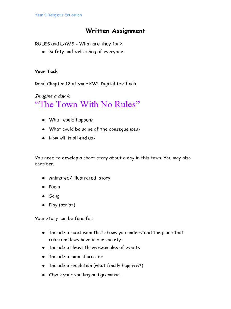 Year 9 RE: The Town With No Rules Story | PDF | General Fiction