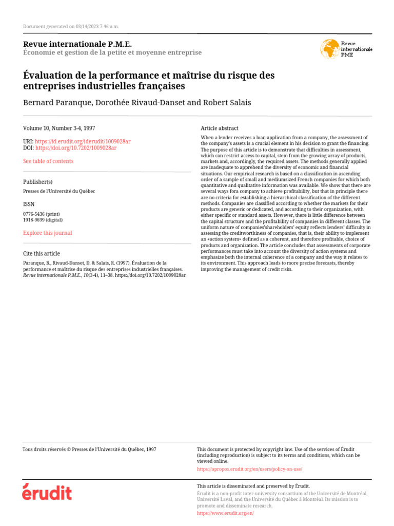 Évaluation de La Performance Et Maîtrise Du Risque Des Entreprises ...