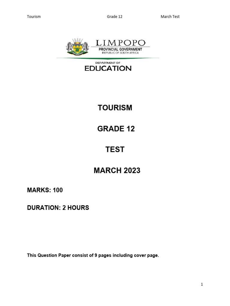 Tourism Grade 12 March Test 2023 | PDF