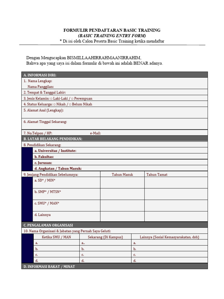 Formulir Pendaftaran Basic Training | PDF | Karier & Perkembangan
