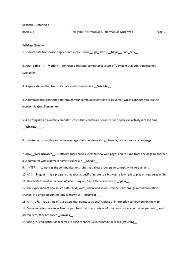 THE INTERNET & THE WORLD WIDE WEB - Chapter Review Questions and ...