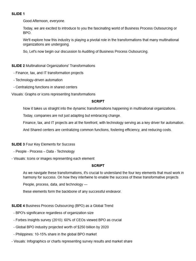 Slide and Script of BUSINESS PROCESS OUTSOURCING | PDF | Outsourcing ...