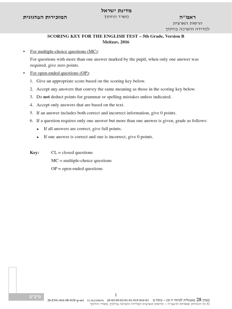 5th Grade English Test Scoring Key | PDF | Subject (Grammar) | Verb