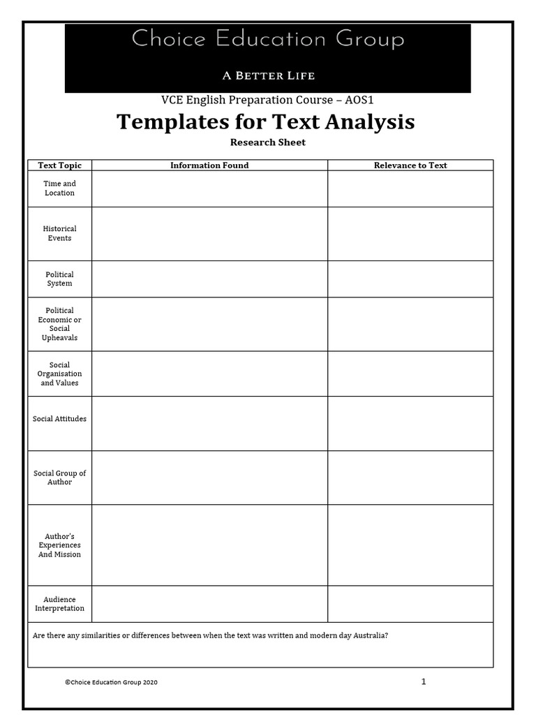 CEG VCE Eng Prep - Templates For Text Analysis | PDF | Information ...