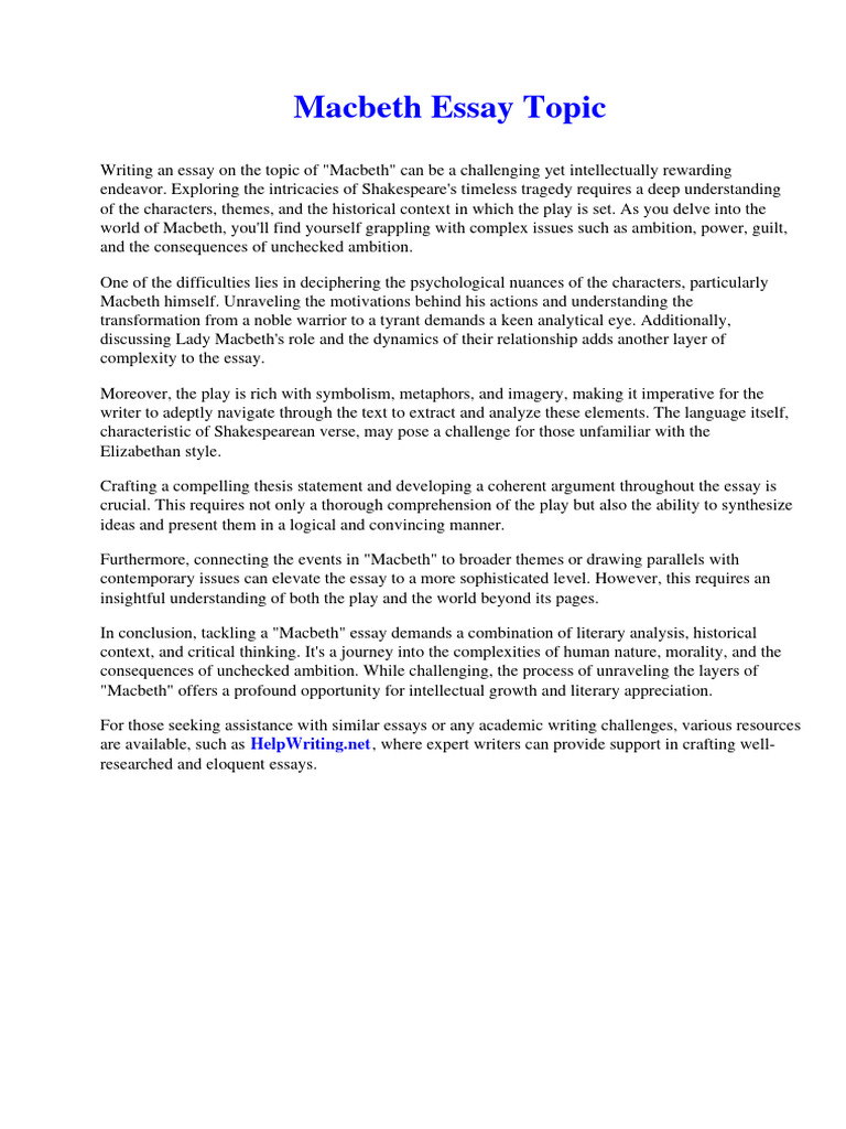 Macbeth Essay Topic | PDF | Kali