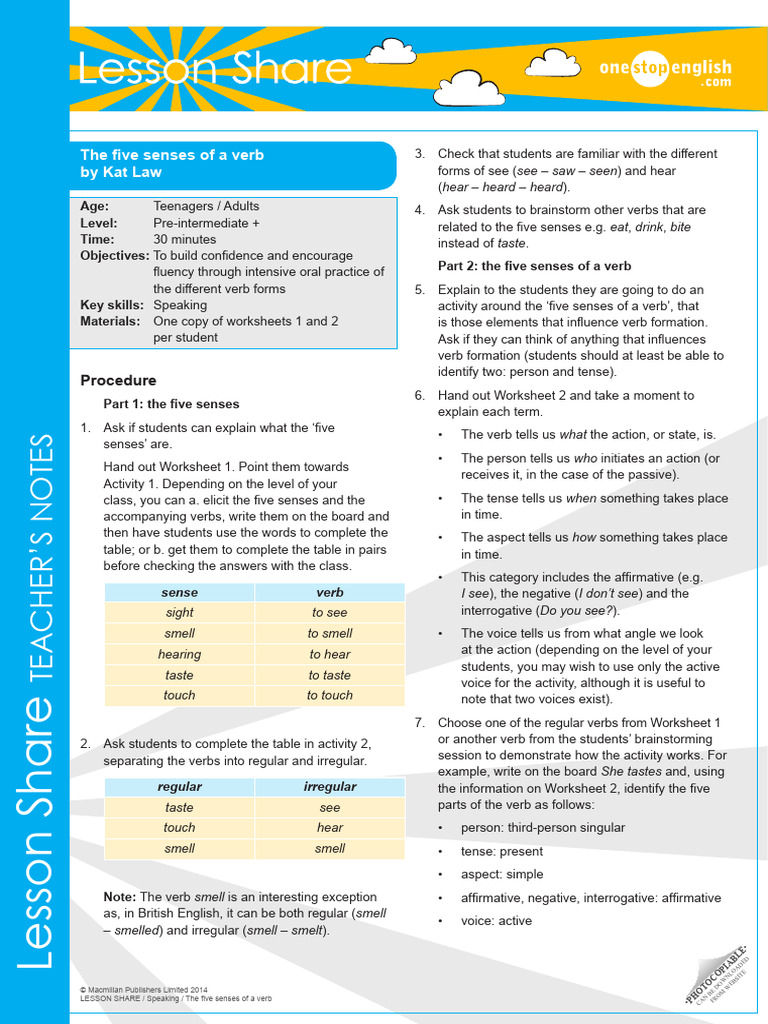 OSE - Lesson Share - The 5 Senses of A Verb | PDF | Verb | Grammatical ...