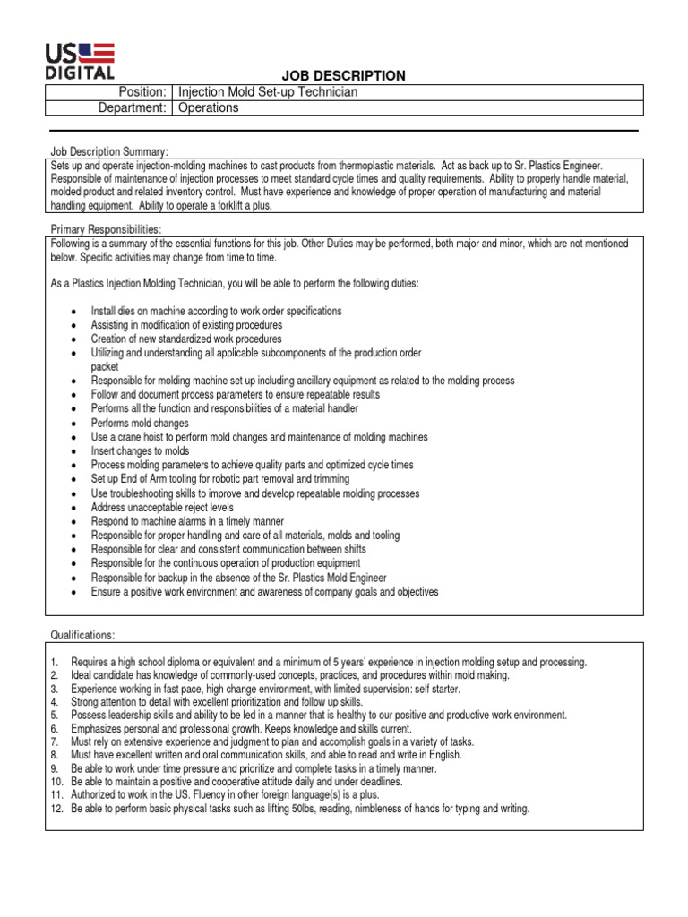 Injection Mold Set-Up Technician Job Profile | PDF | Cognition