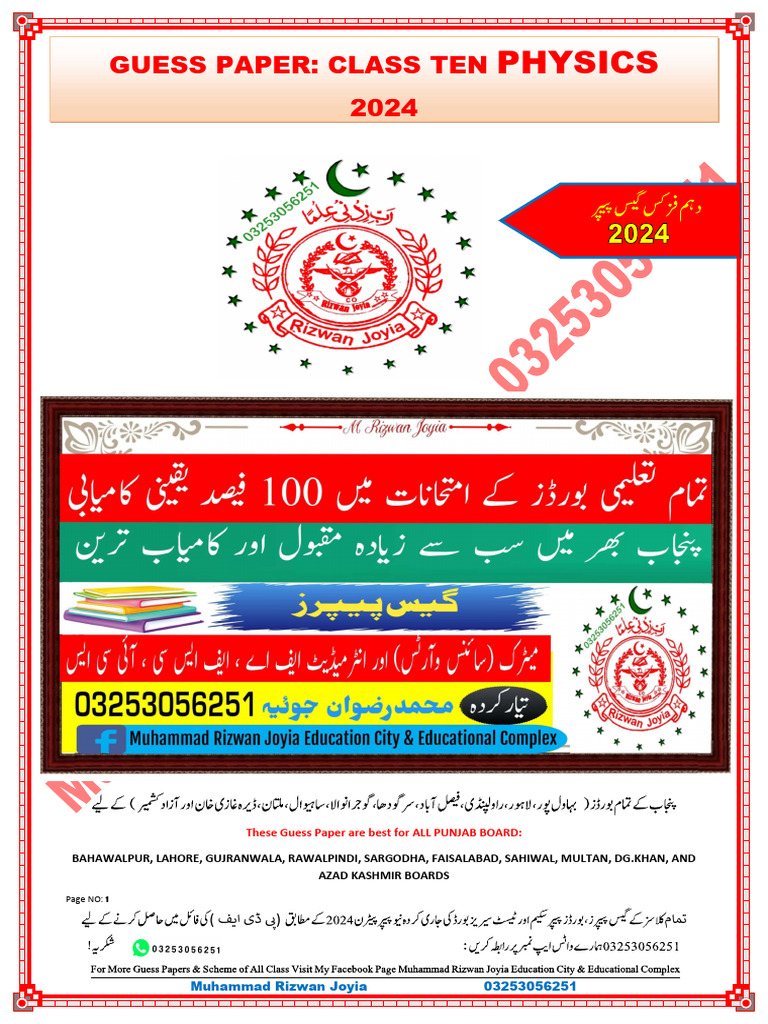 10th Class Guess Paper PHYSICS 2024 SLO's Based by Muhammad Rizwan ...