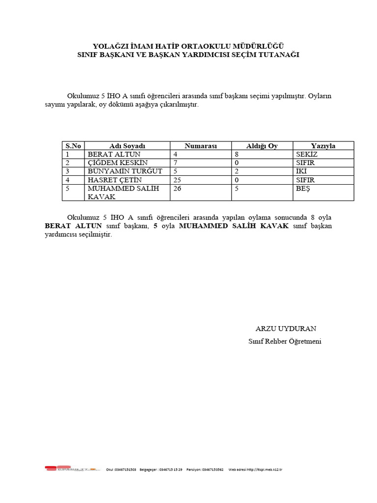 SINIF Baskan SINIF Temsilcisi Onur Kurulu Secim Tutanagi | PDF
