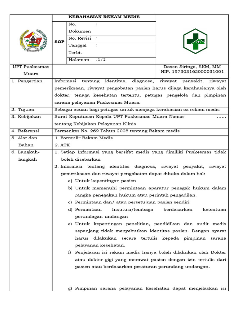 Sop Kerahasian Rekam Medis | PDF