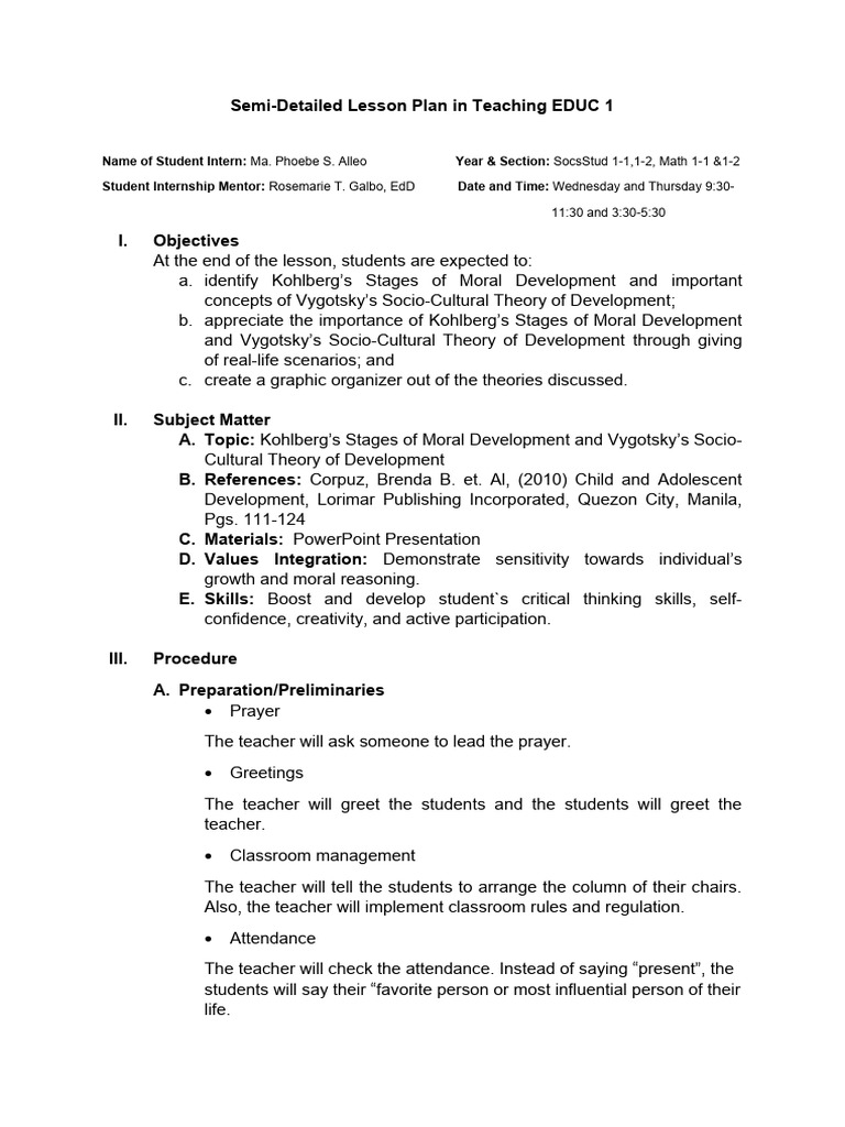 Lesson Plan: Kohlberg & Vygotsky Theories | PDF | Teachers | Learning