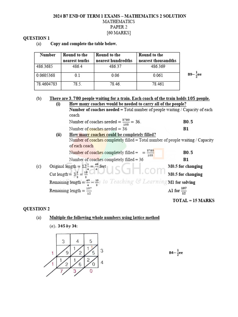 2024 B7 End of Term 1 Exams Mathematics 2 Solution | PDF | Mathematics | Arithmetic