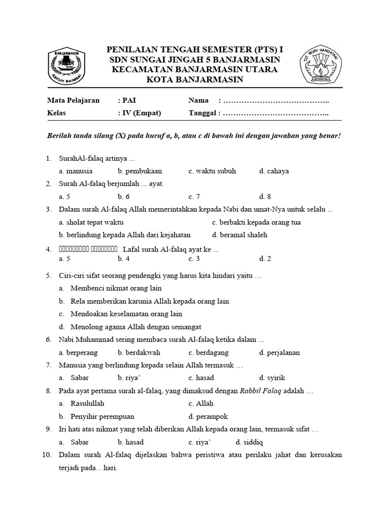 Soal Pts Pai Kelas 4 Sem 1 | PDF