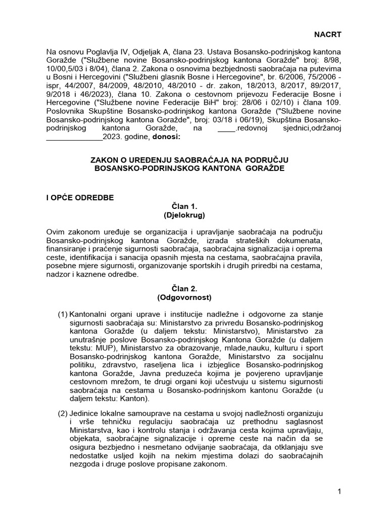 Nacrt Zakona Uredjenju Saobracaja Organizaciona Jed 1 | PDF