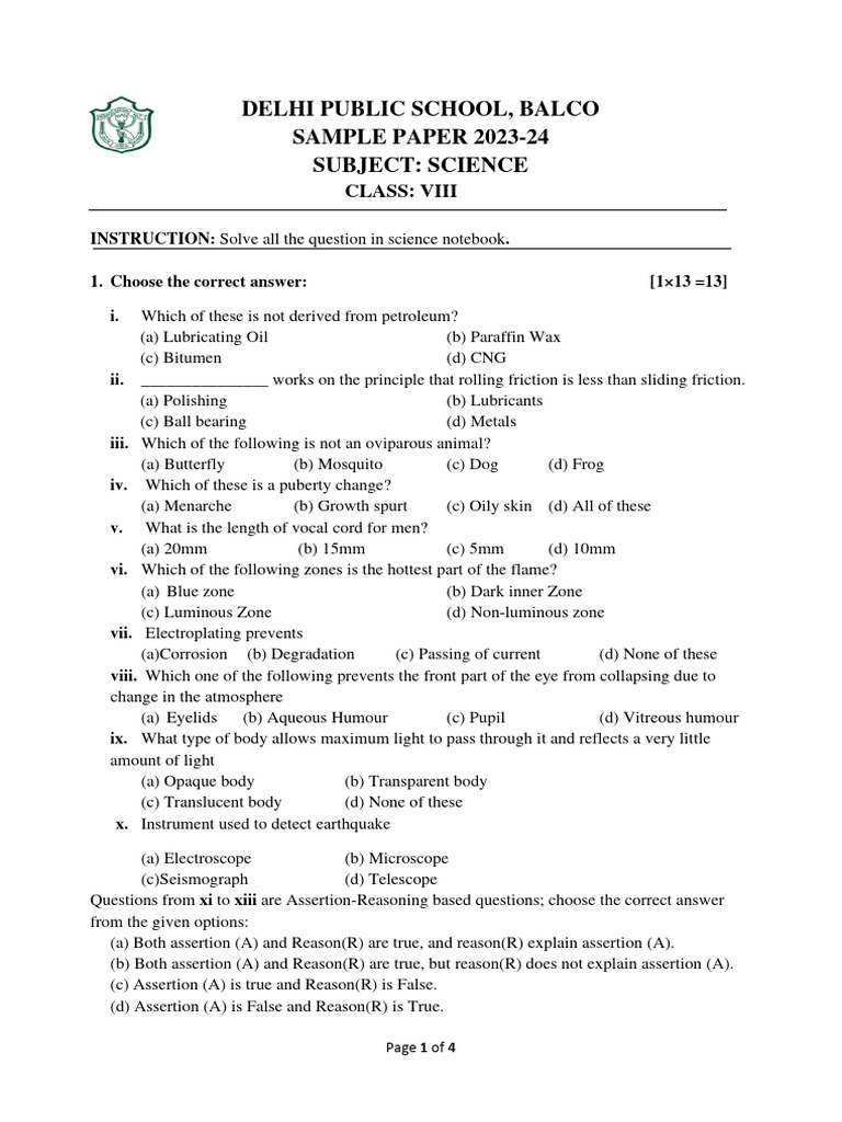 Class 8 Science Sample Paper 2023-24 | PDF | Reflection (Physics) | Mirror