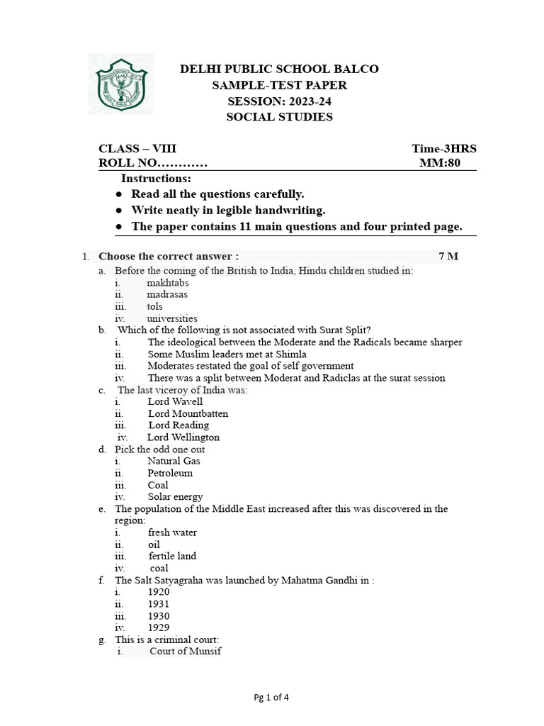 Class-8 Sample Test QP 23-24-094500 | PDF | Dalit Class-8 Sample Test QP 23-24-094500 | PDF | Dalit