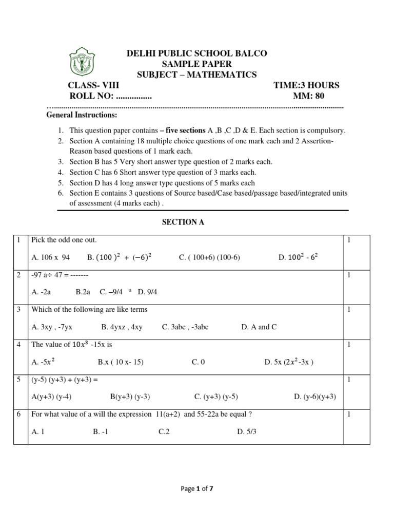 Mathematics Sample Paper CLASS 8TH | PDF | Interest | Loans