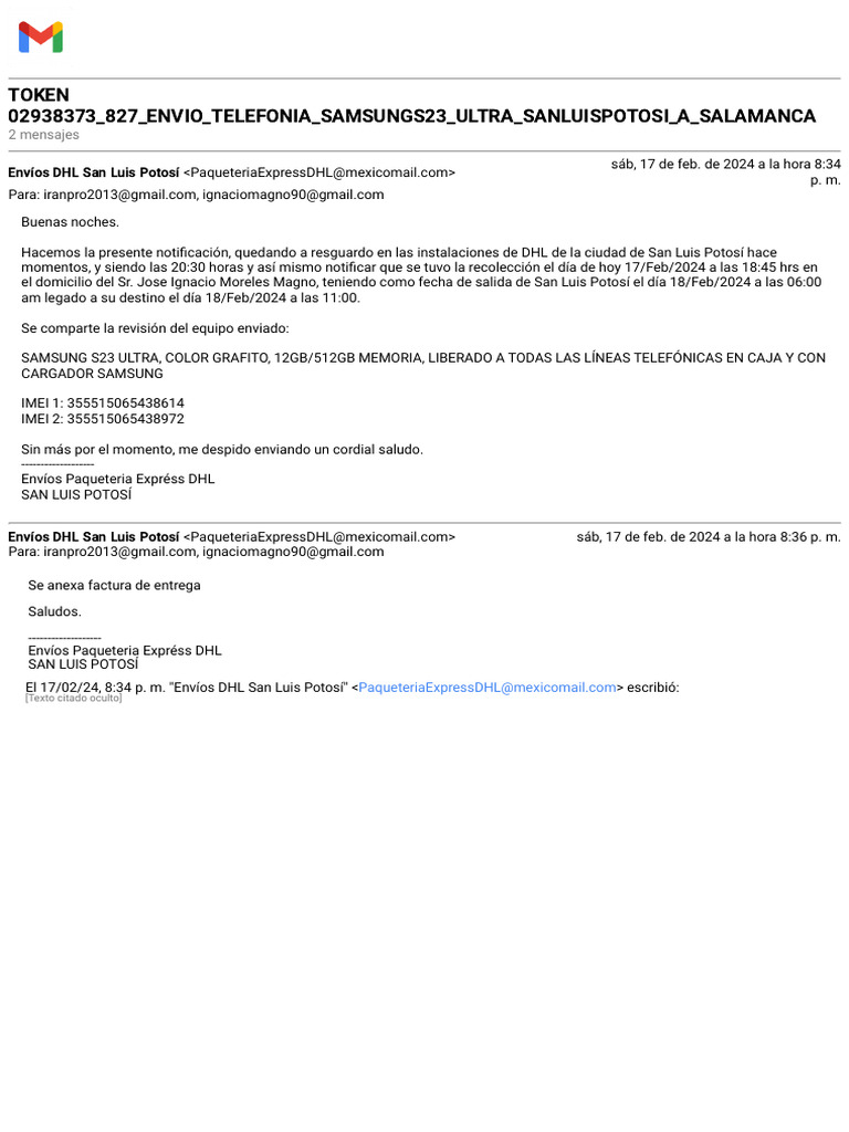 Gmail - TOKEN 02938373 - 827 - ENVIO - TELEFONIA - SAMSUNGS23 - ULTRA ...