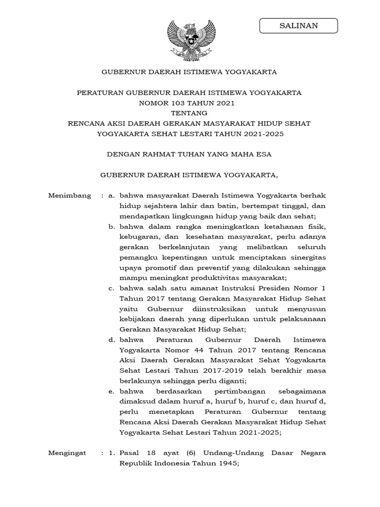 Pergub DIY No.103 Tahun 2021 TTG Rencana Aksi Daerah Gerakan Masyarakat ...