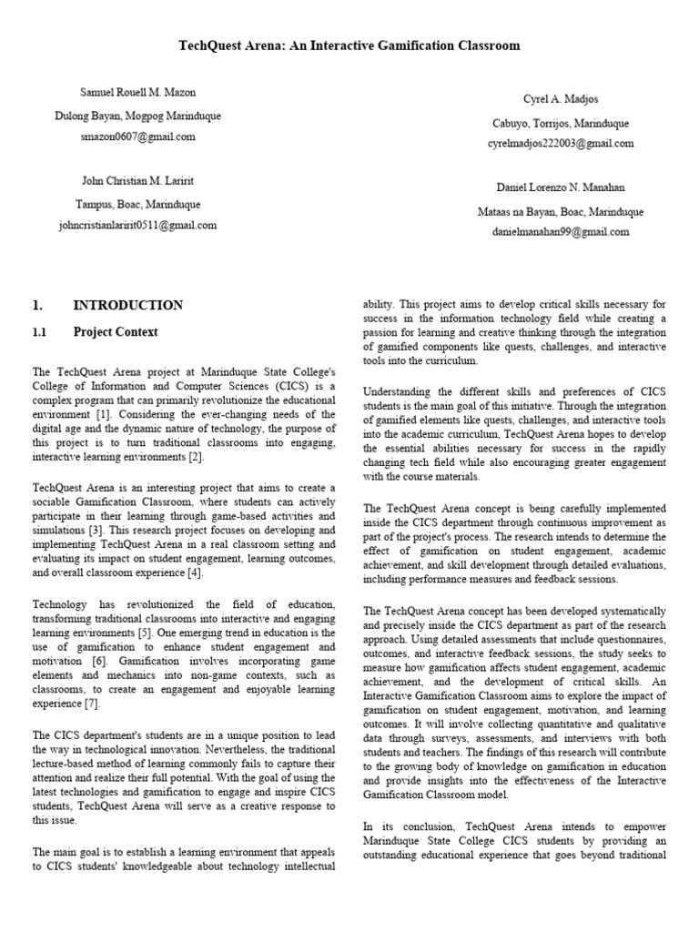 TechQuest Arena: Gamification Classroom | PDF | Learning | Feasibility Study