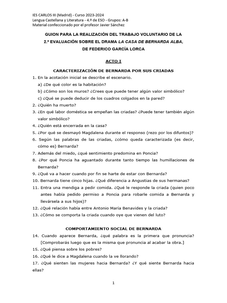 Guion Trabajo - La Casa de Bernarda Alba | PDF | Arte