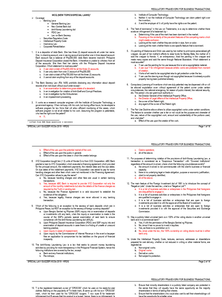 RFBT MCQs SPECIAL LAWS 2018 KRDG PDF | PDF