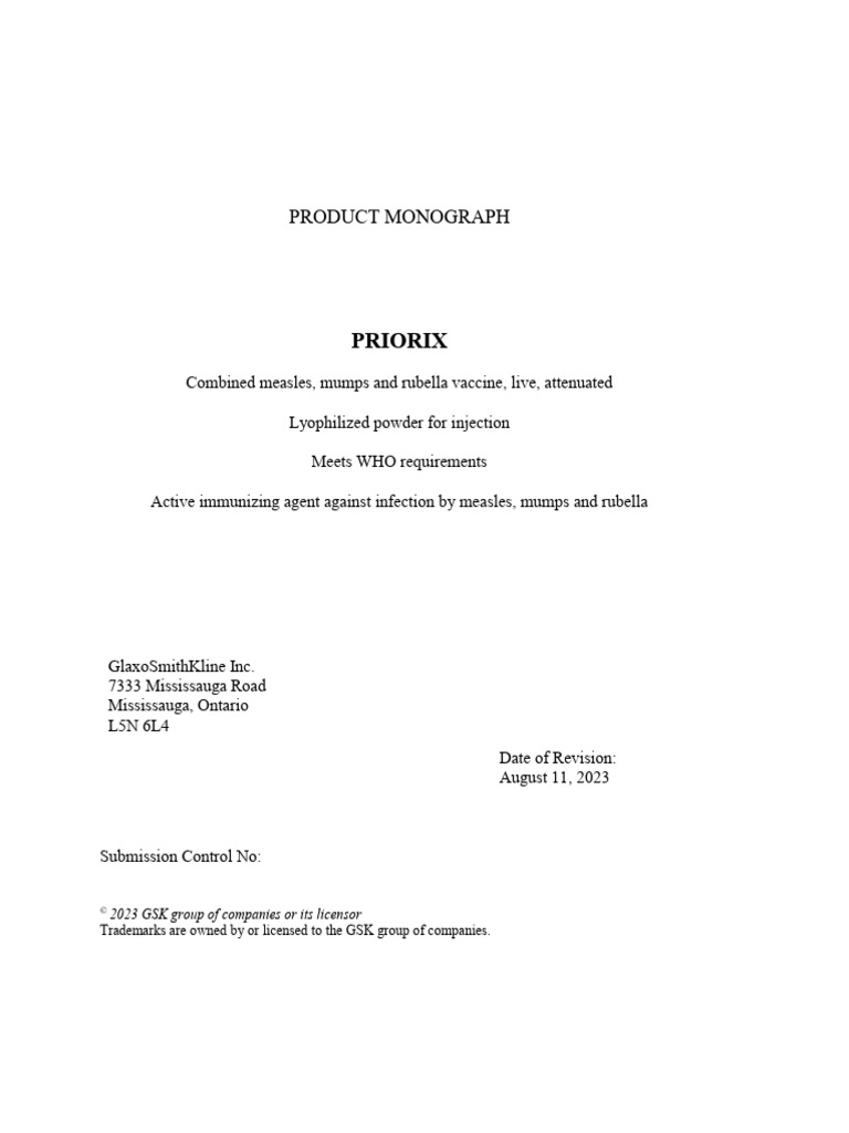 PRIORIX: MMR Vaccine Product Monograph | PDF | Measles | Vaccines