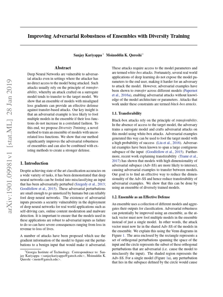 Improving Adversarial Robustness of Ensembles With Diversity Training | PDF