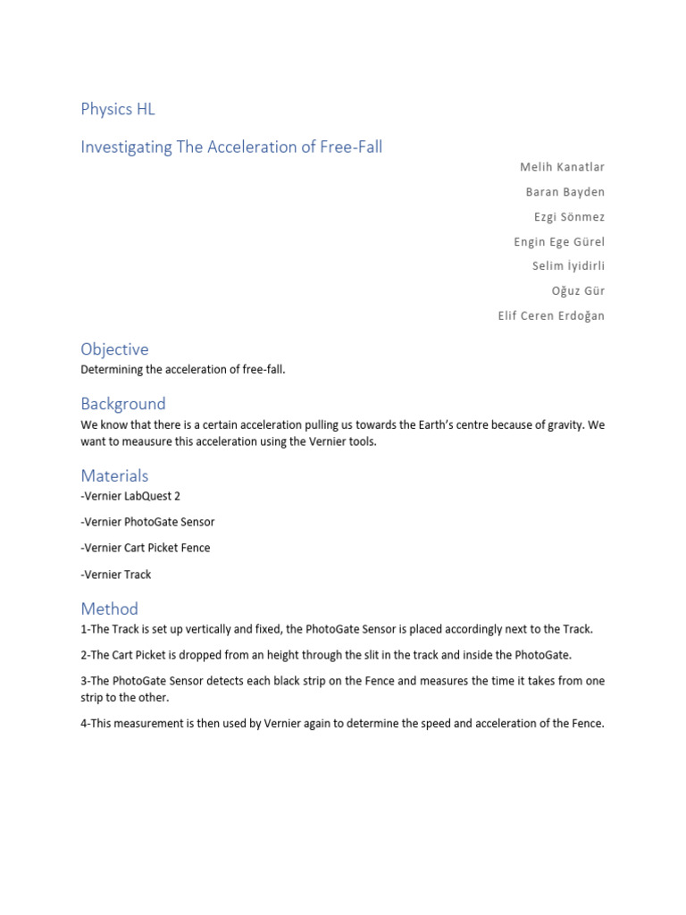 IB High Level Physics Lab Report Investigating The Acceleration of Free ...