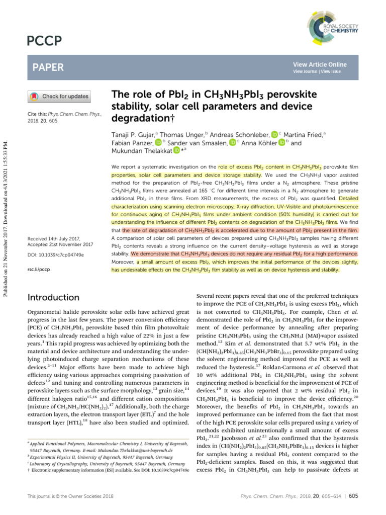 18 PCCP - The Role of PbI2 in CH3NH3PbI3 Perovskite Stability | PDF | Physical Sciences | Chemistry