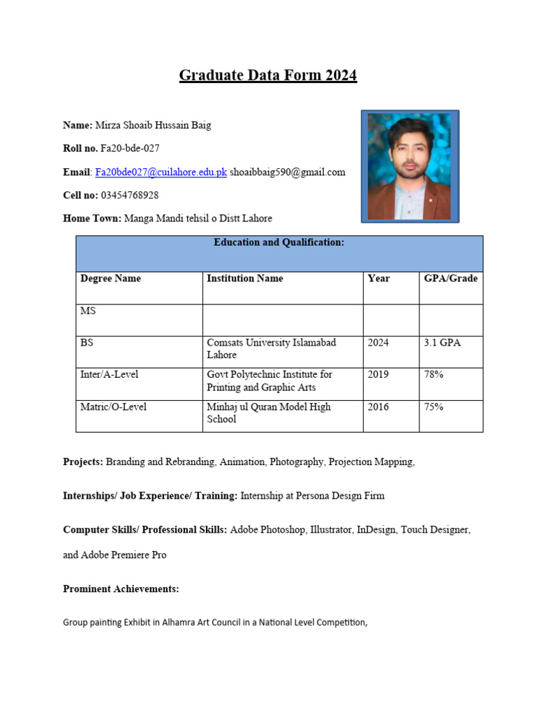 Graduate Data Form of (Mirza Shoaib Fa20-Bde-027) | PDF