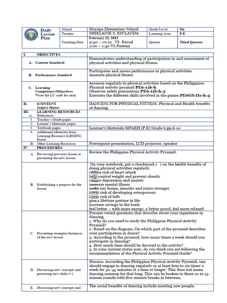 Grade 6 PE Lesson Plan: Dancing Benefits | PDF | Physical Fitness ...